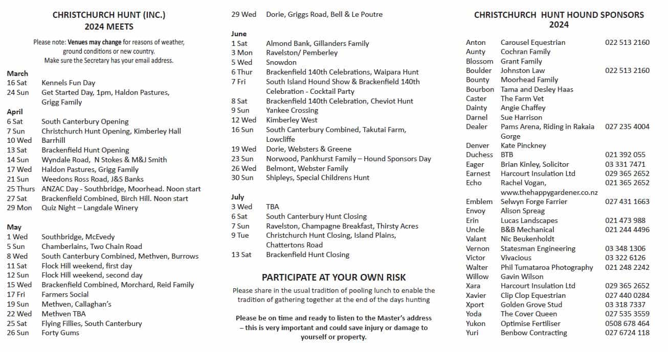 Christchurch Hunt Inc - Hunt Card 2024
