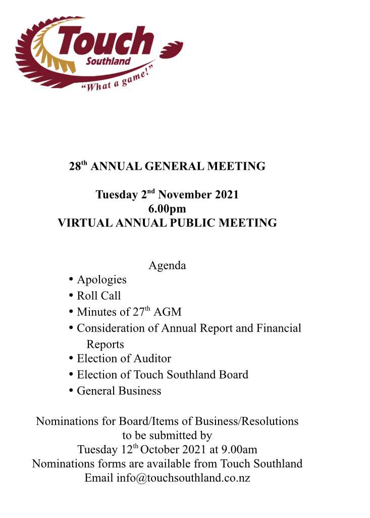 Touch Southland 28th AGM Notice