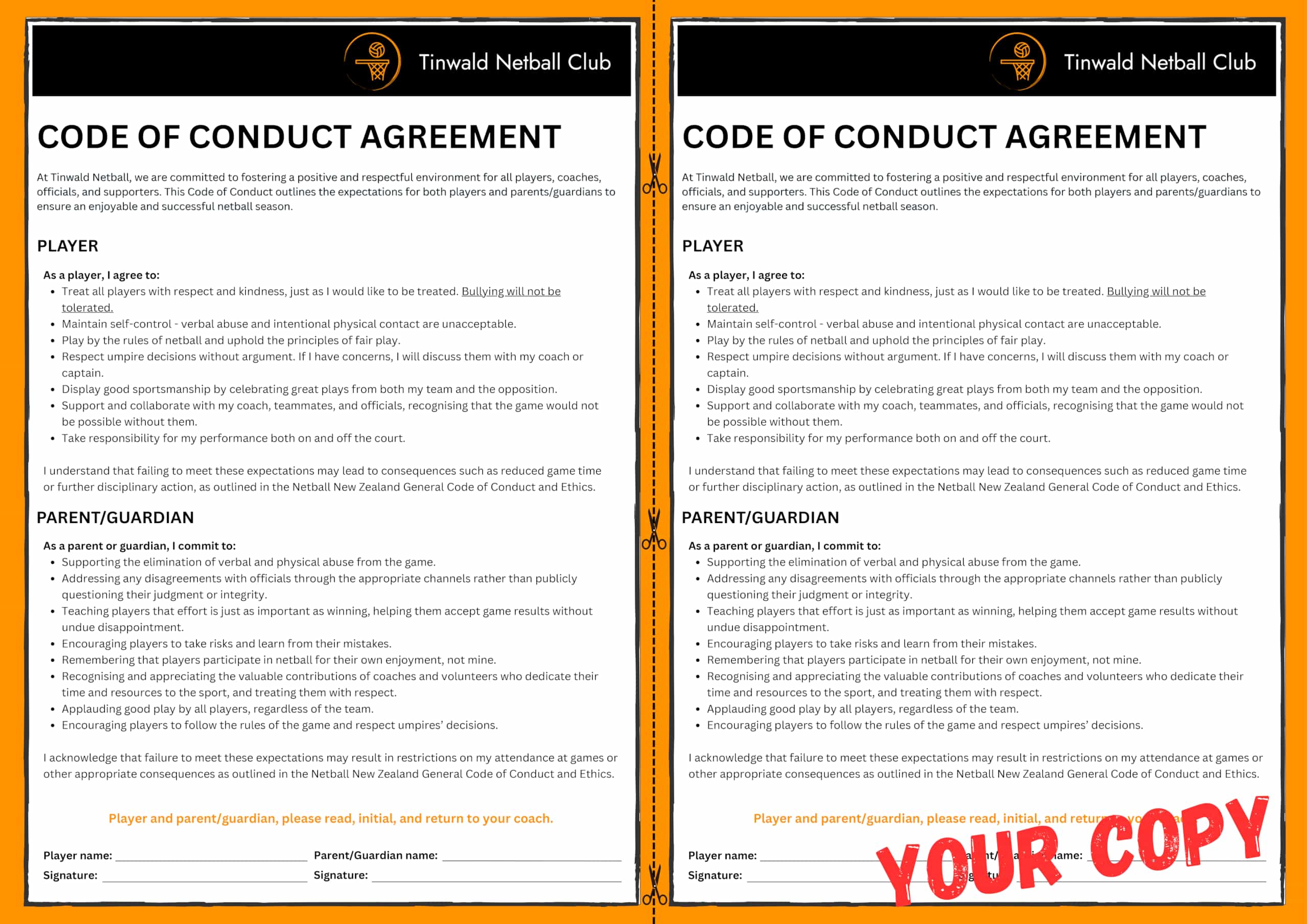 Tinwald Netball Club - Code of Conduct