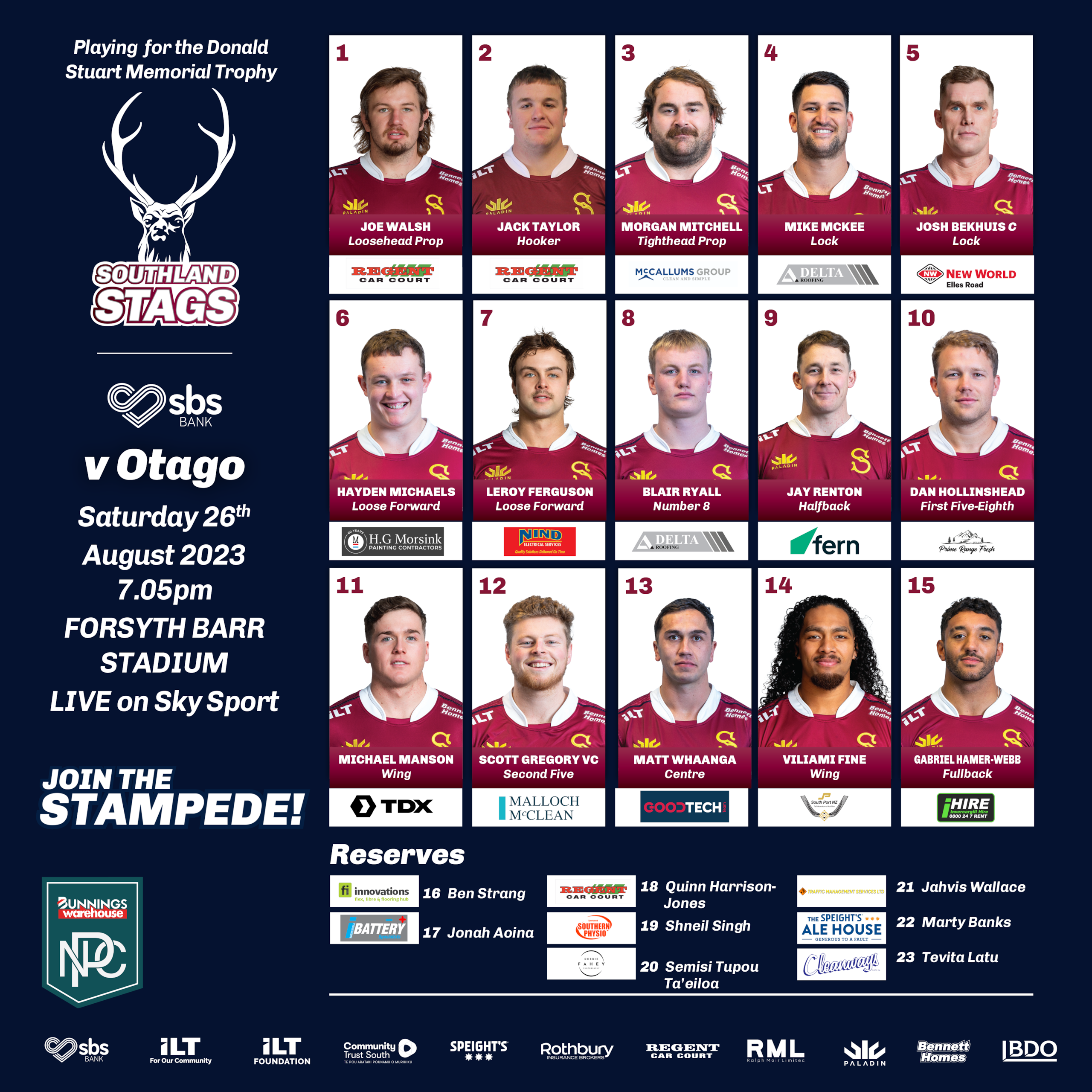 SBS Bank Southland Stags named to take on Otago for Stag Day