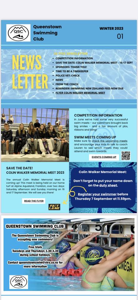 Queenstown Swimming Club Quarterly Newsletter
