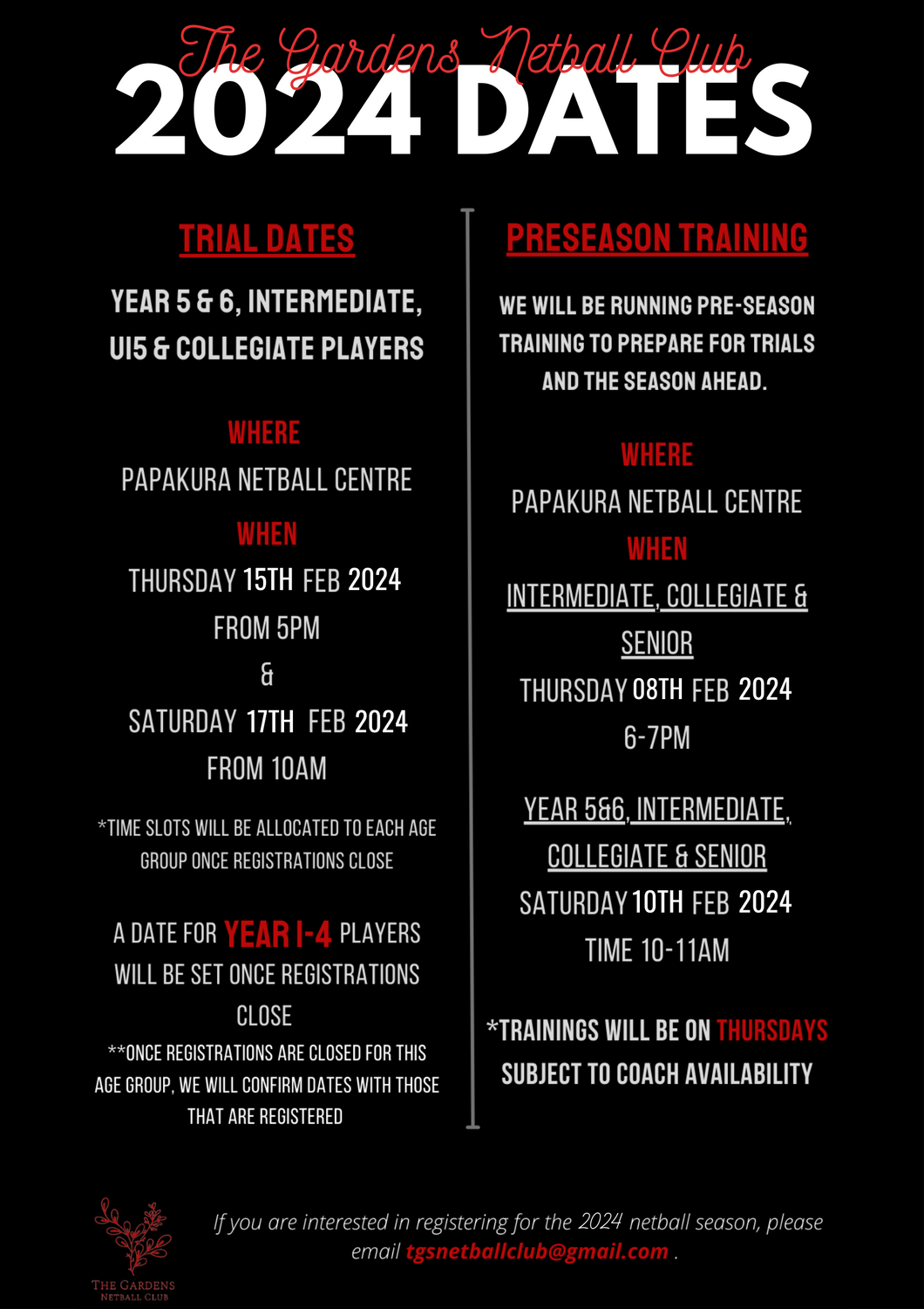 The Gardens netball club trials