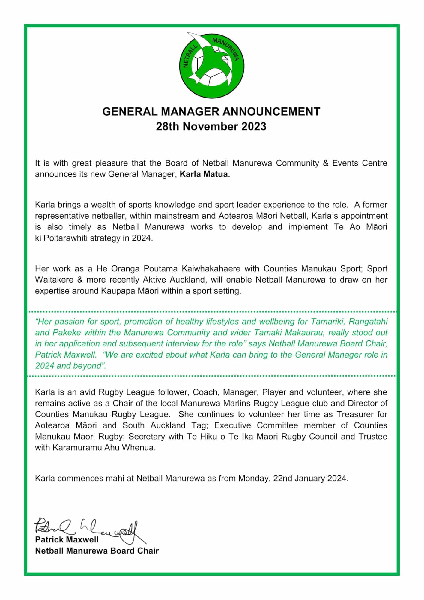 Netball Manurewa General Manager Announcement