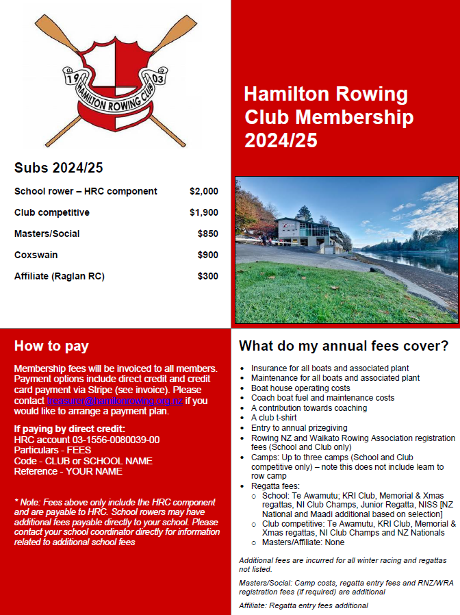 Hamilton Rowing Club - Fees